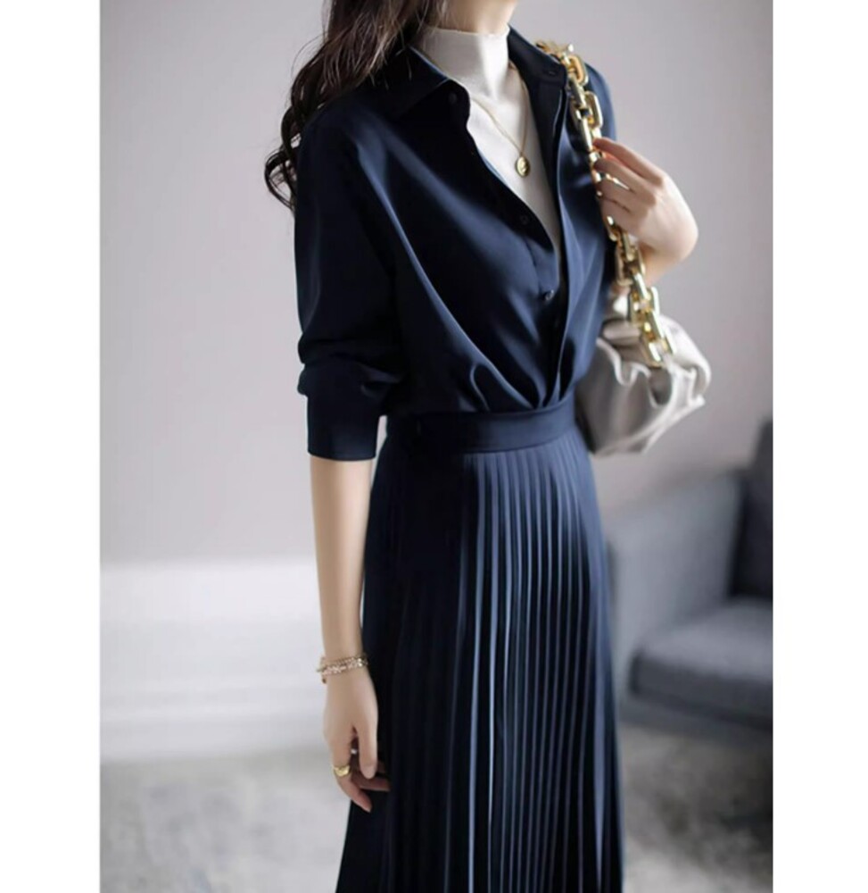 イエベ服 長袖シャツプリーツワンピース（イエベ秋向け） ロング丈ワンピース イエベファッション専門通販 Iebel