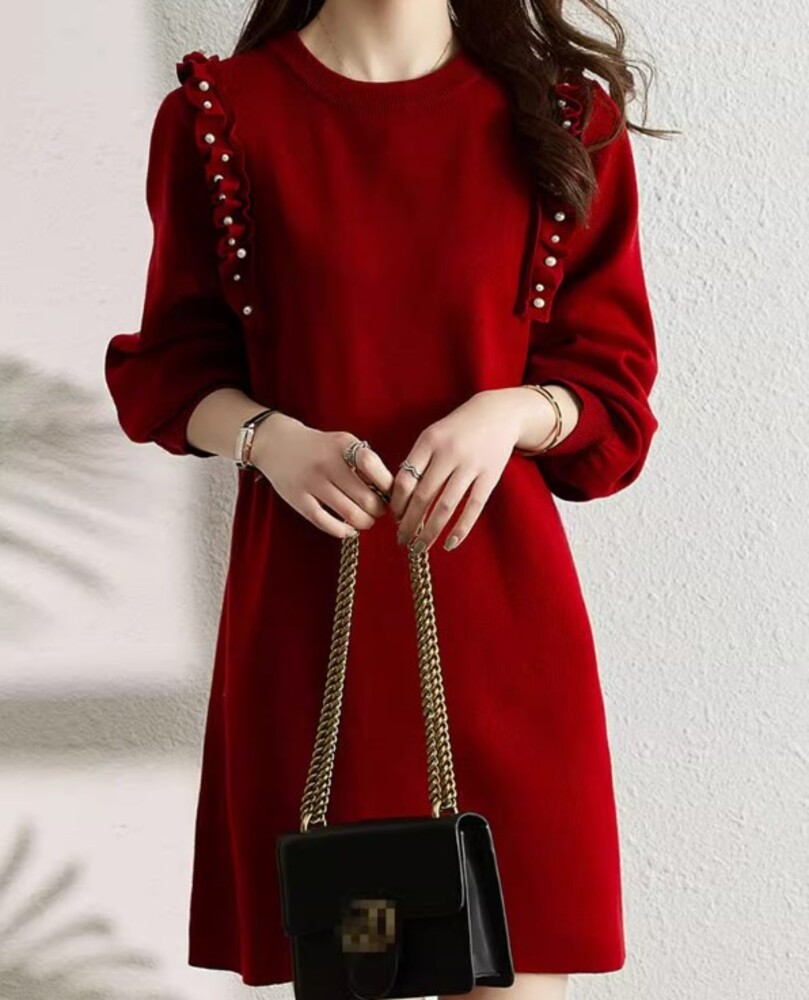 イエベ服 フリルショルダーミディワンピース（イエベ秋向け） ニットワンピース イエベファッション専門通販 Iebel